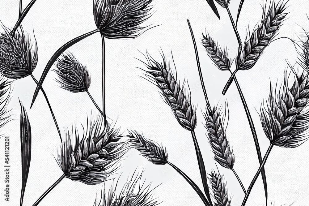 Horizontal seamless border with hand drawn spikelets of wheat in sketch ...