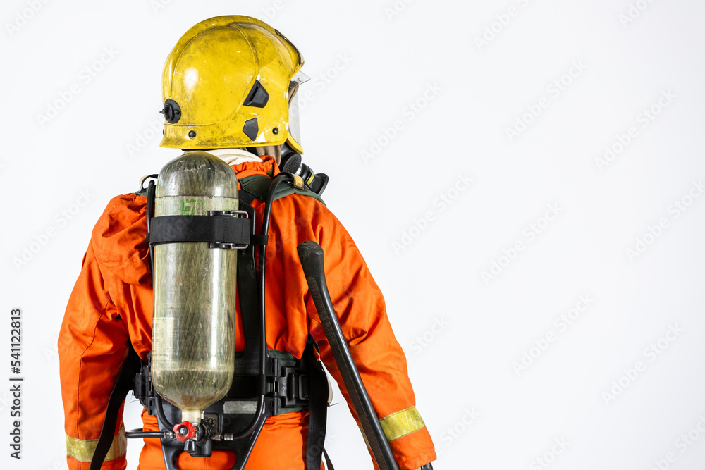 Fireman fire fighter with axe on white background, Rescue firefighter ...