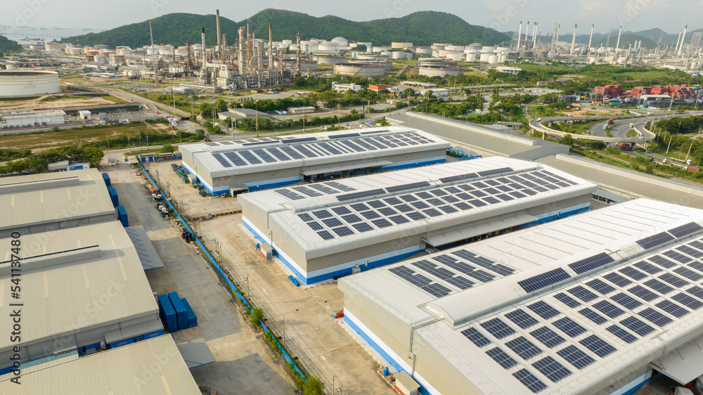 Top view Solar Cell on Warehouse Factory. Solor photo voltaic panels ...