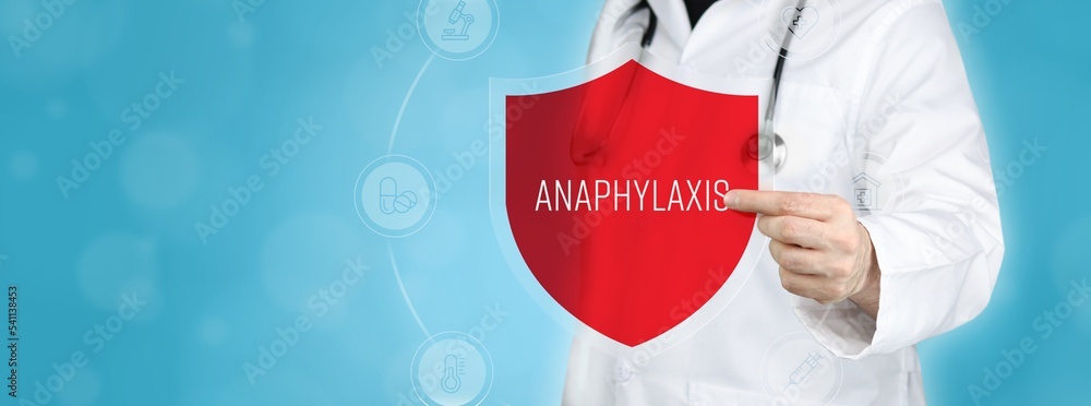 Anaphylaxis (anaphylactic shock). Doctor holding red shield protection ...