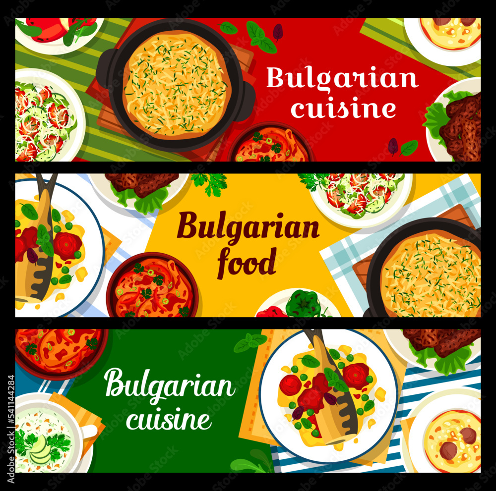 Bulgarian cuisine banners. Beef kebab Kebapcheta, baked fish and ...
