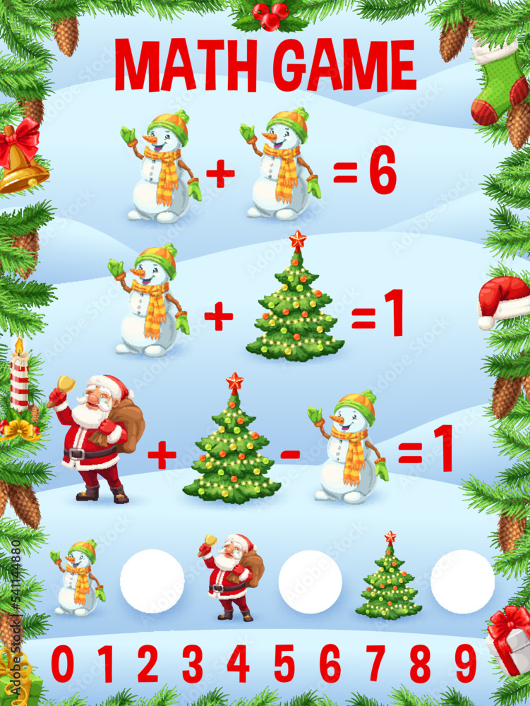 Cartoon Christmas characters. Math game worksheet or kids education ...