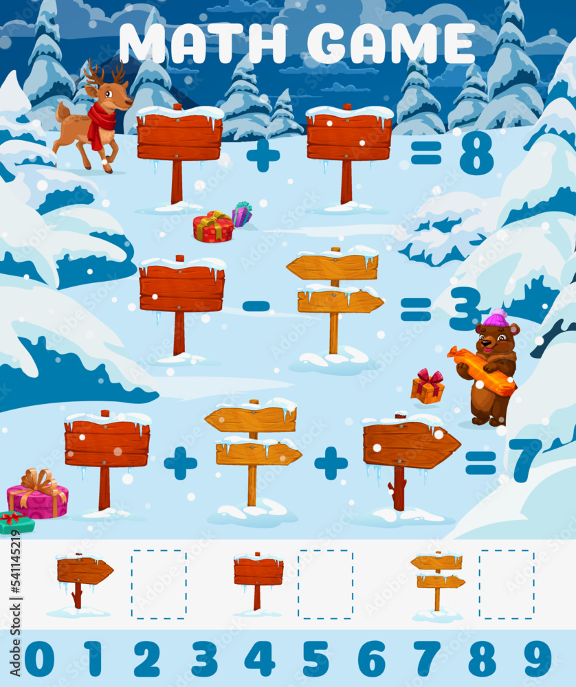 Christmas forest, wooden signs, cartoon deer and bear characters math ...
