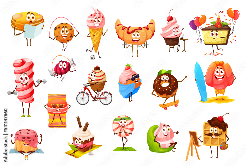 Cartoon sweets, candy, dessert, cookie and bakery characters. Vector ...