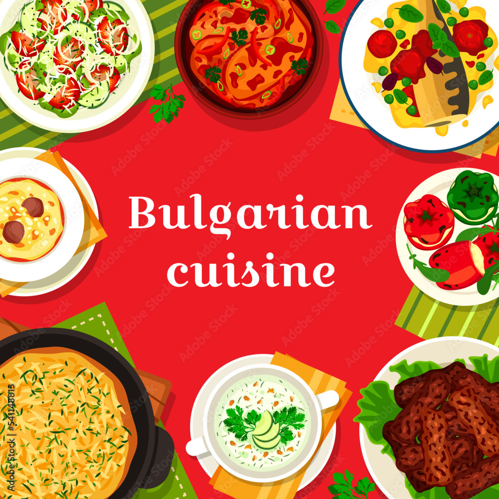 Bulgarian cuisine menu cover. Chicken vegetable Plakia, baked fish in ...