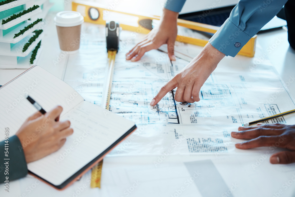 Architect, blueprint and team meeting for planning, collaboration and ...