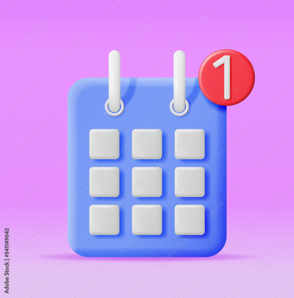 3D Calendar with Notification Alert Isolated. Render Square Calendar ...