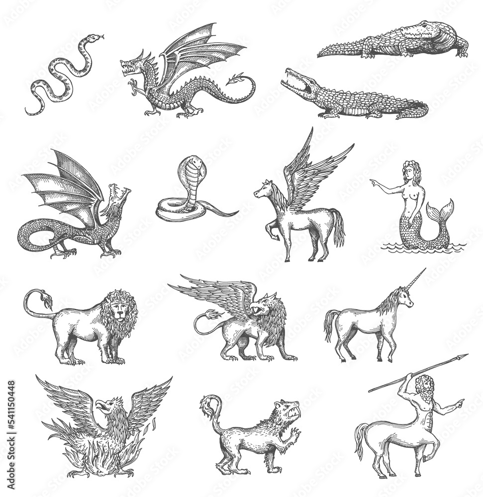 Unicorn, phoenix, dragon and Pegasus, minotaur or lion mermaid animal ...