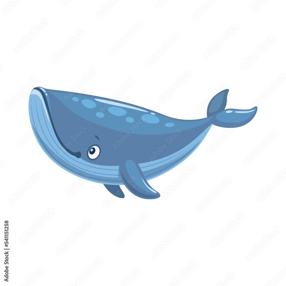 Cartoon grey whale character, kid funny sea animal, vector big fish ...