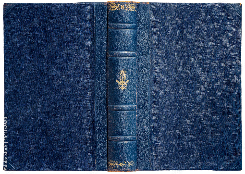 Antique open book cover - scratched blue surface with leather spin ...