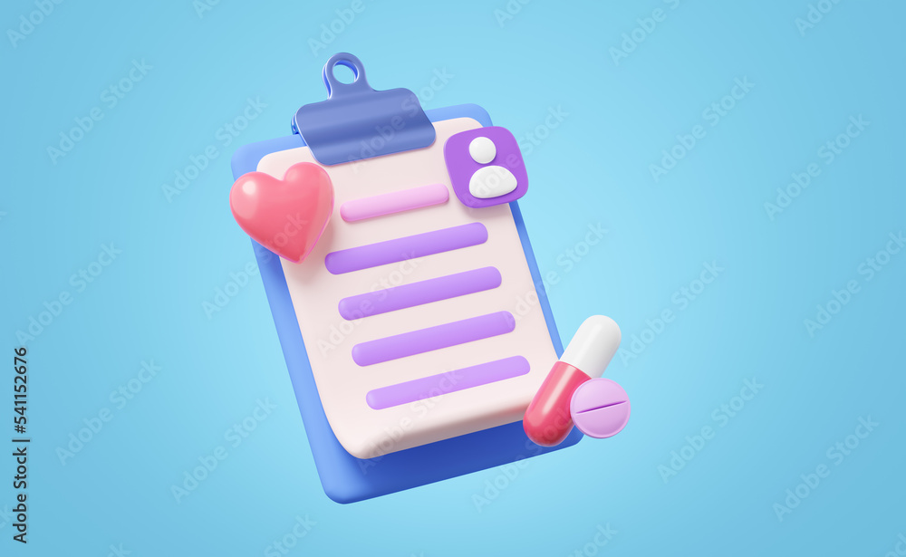 3d Medical history icon. Health document on clipboard, pill, white ...