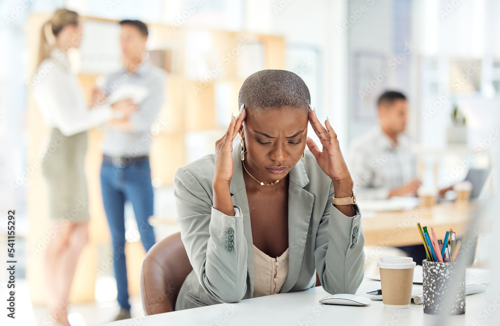 Black woman, stress and headache being overworked, experience burnout ...