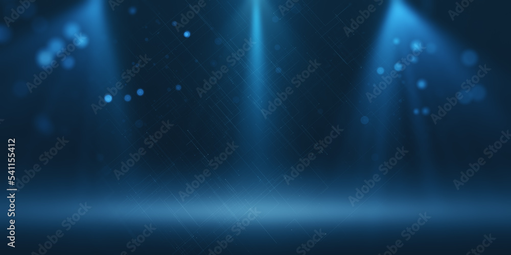 Bright wide blue backdrop with spotlight. Stage, light and music ...