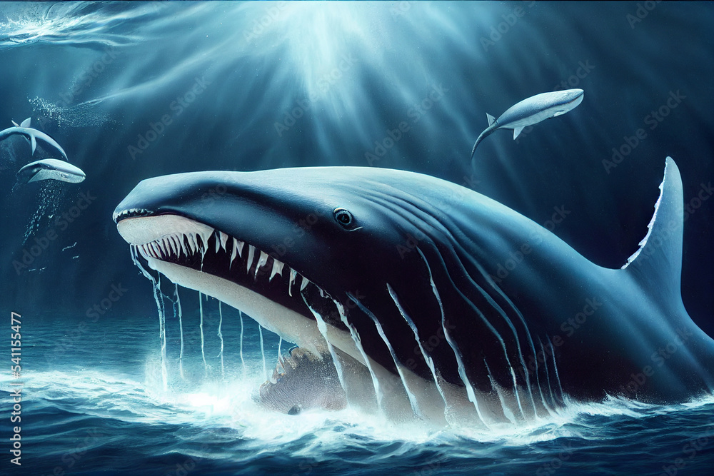 Illustration of a megalodon shark, prehistoric sea creature, predator ...