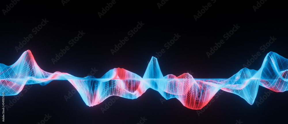Poster Abstract red and blue wireframe sound waves, visualization of ...