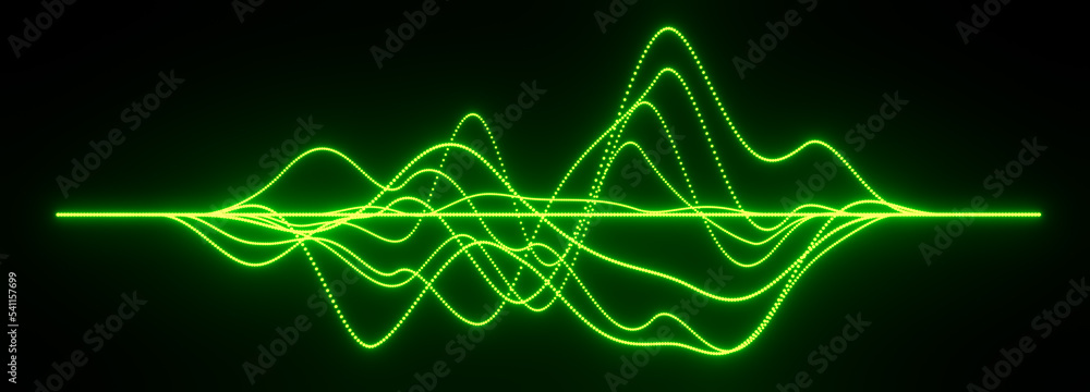 Green neon 3D abstract wireframe sound waves, visualization of frequency signals audio ...