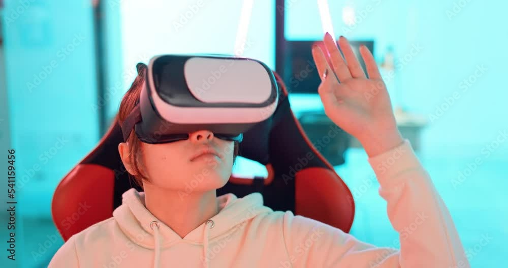 Game, futuristic headset and VR with ai, digital and game with her ...