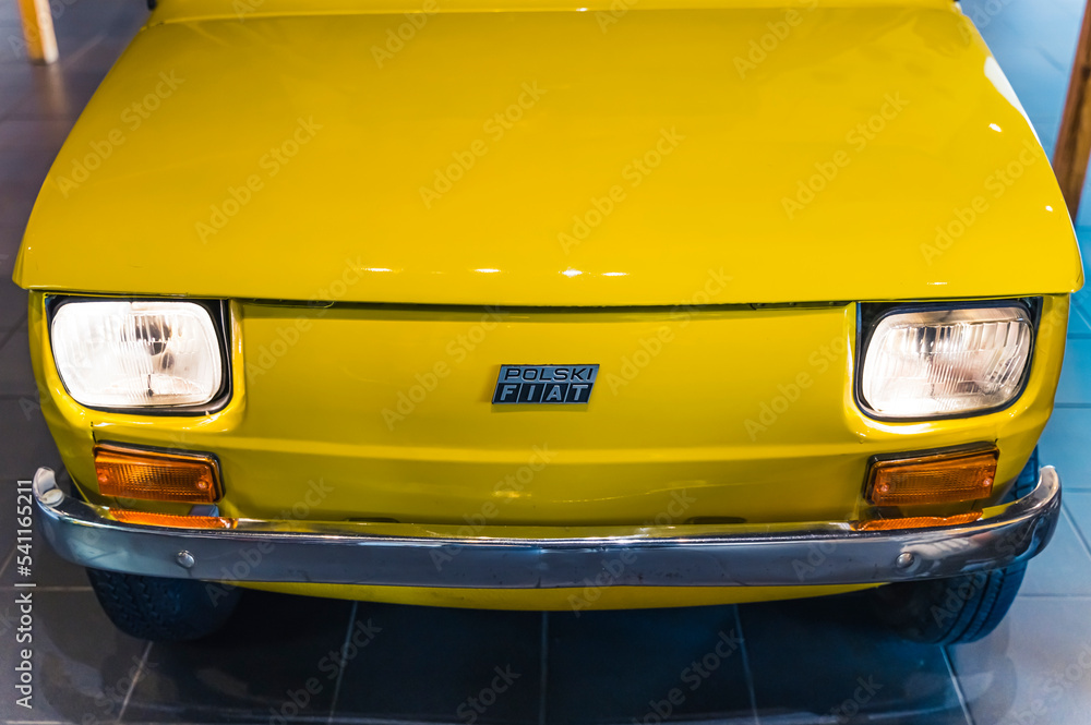 10.20.2022 Warsaw, Poland. Closeup indoor shot of car hood of famous ...