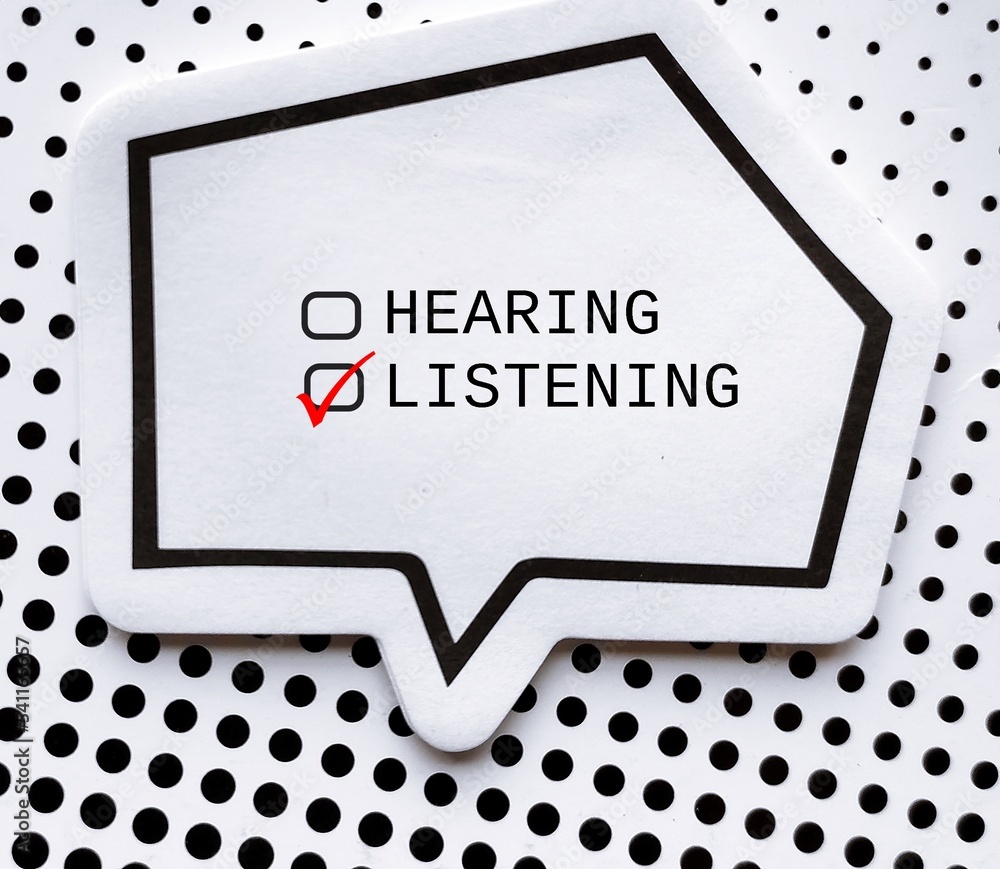 Speech note with checkbox HEARING and LISTENING, concept of choose ...