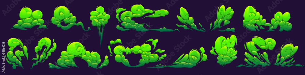 Bad smell, green smoke and toxic clouds isolated set. Cartoon vector ...