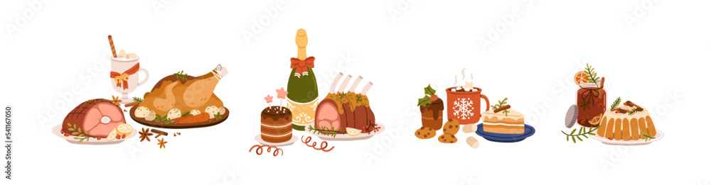 Christmas dishes set. Food, served meals for winter holiday dinner ...
