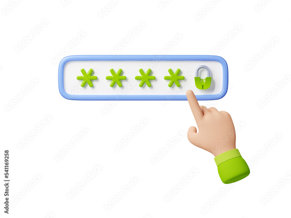3D illustration of hand cursor pointing at green password bar with lock icon. Symbol of security ...