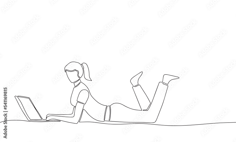 Hand draw line art outline woman lying down and working with laptop ...