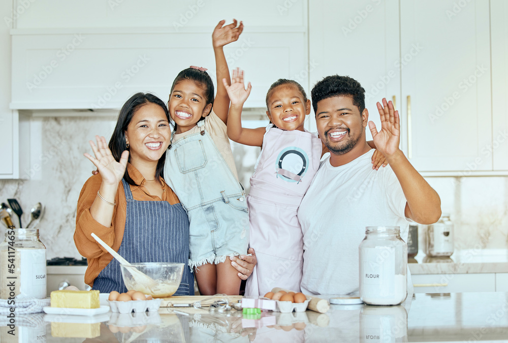 Family, love and baking together in kitchen with smile, happy and wave ...