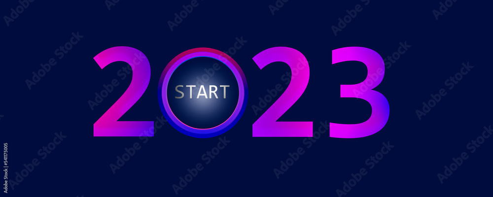 neon colored start button in number 2023 on dark blue background ...