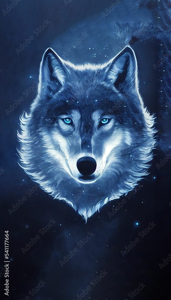 Vertical digital art of a hyper-realistic mystic wolf Stock ...