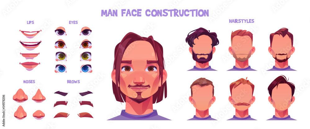 Man face constructor, cartoon caucasian male character avatar creation ...