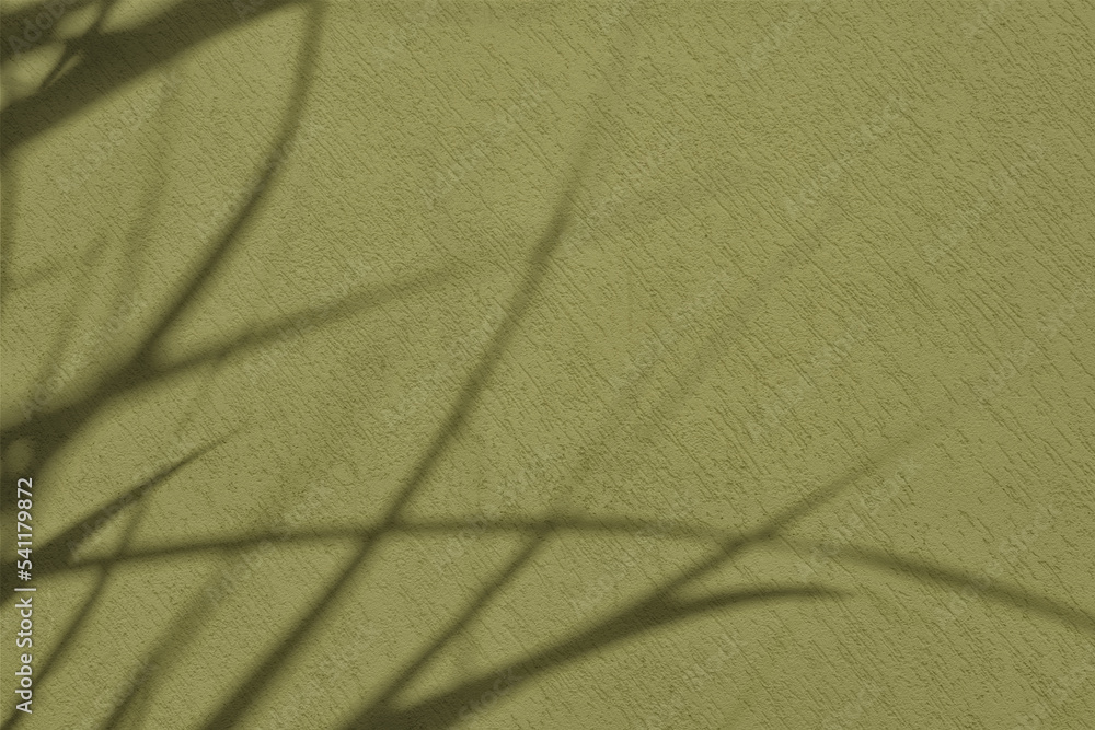 Abstract grass leaves shadows on olive green concrete wall texture with ...