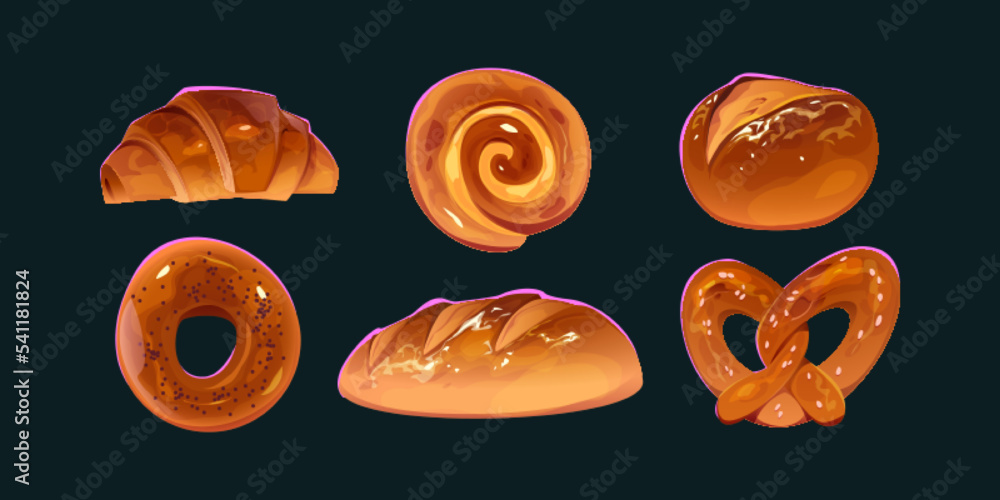 Bakery food icons, bread loaf, baguette, croissant, bagel, bun and ...