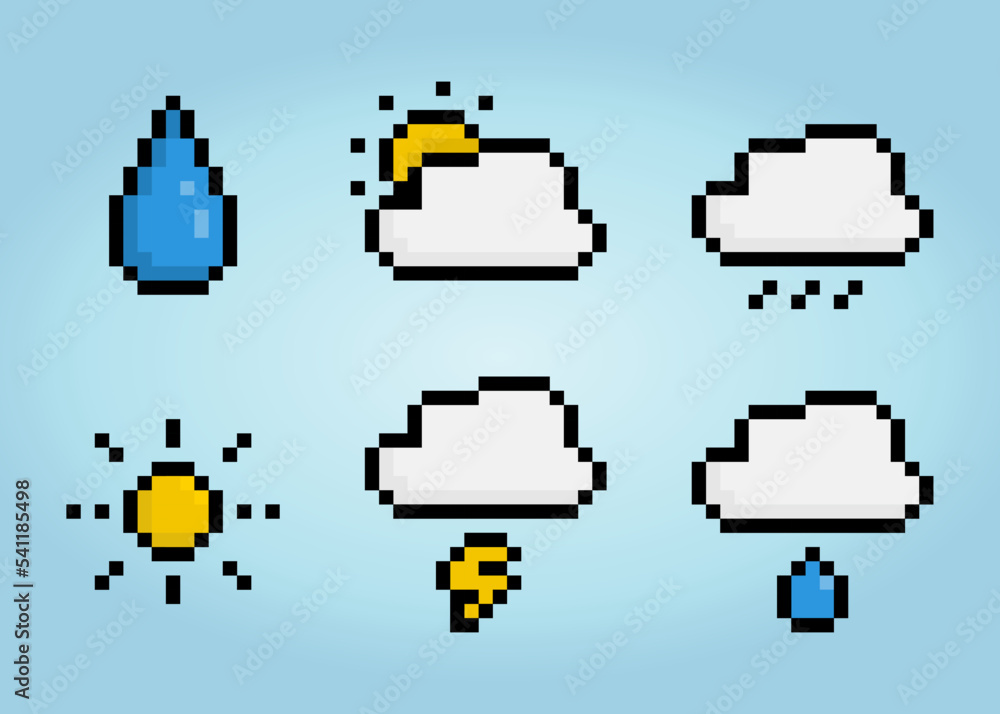 8-bit pixel, UI weather symbol icon. Water icons, cloudy, rain, bright ...
