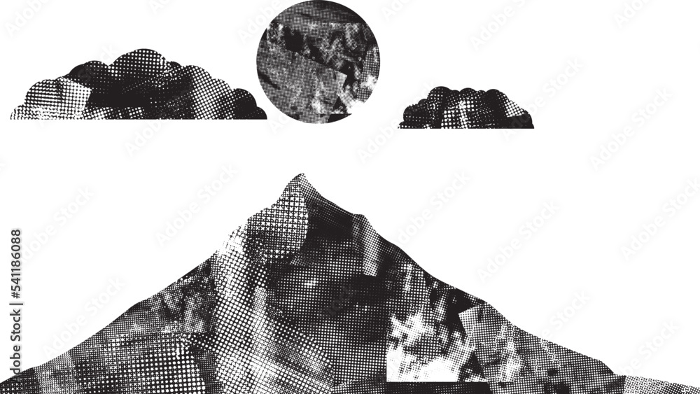Mountain silhouettes with sun textured with halftone dots textures ...