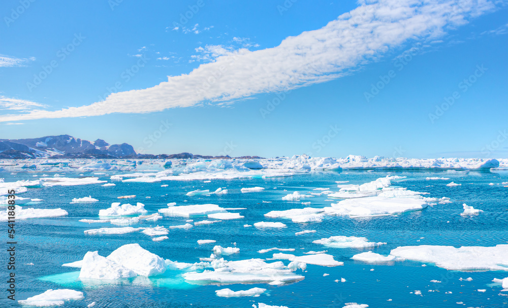 View of Greenland glaciers and iceberg from the village of Kulusuk in ...