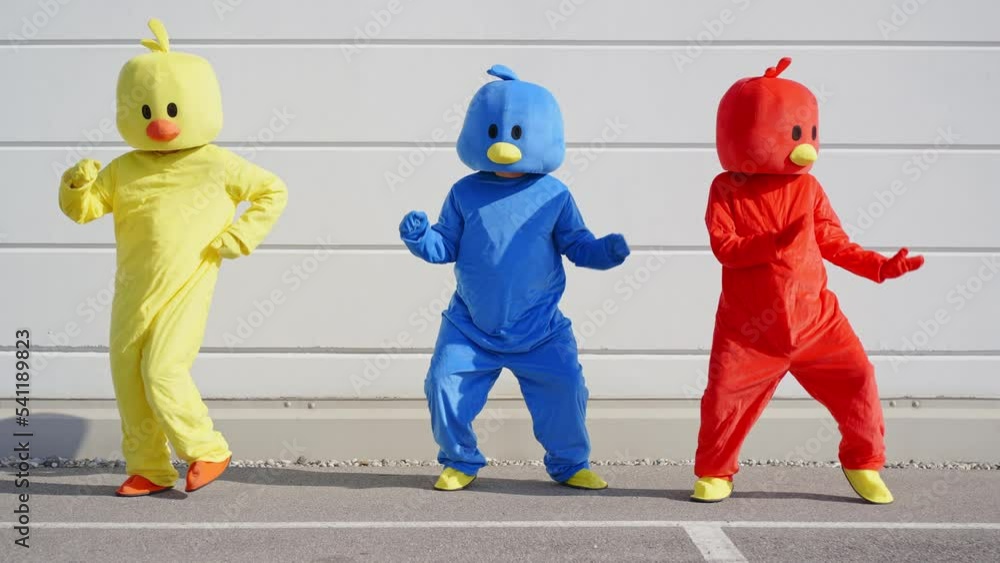 Cinematic video of friends wearing funny bird costumes having fun ...