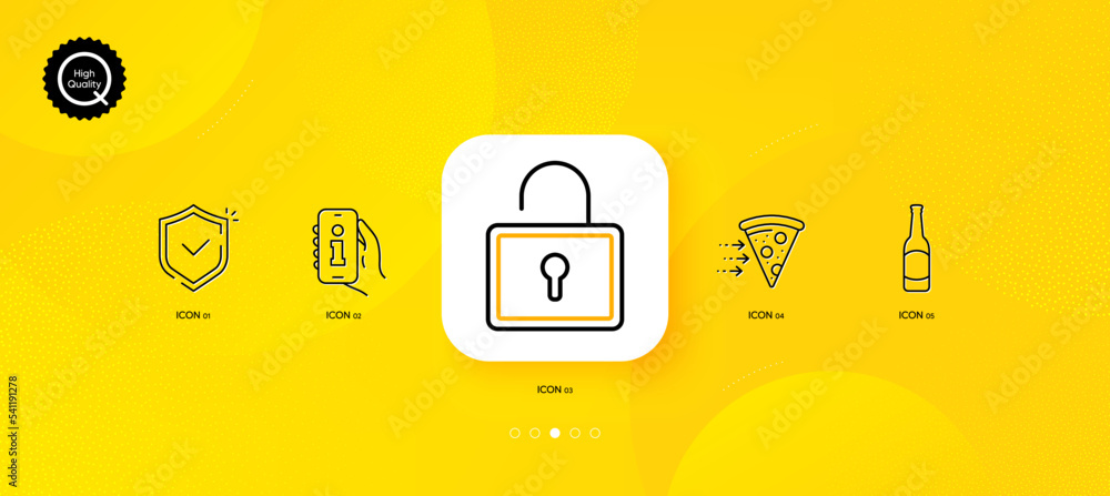 Beer, Lock and Food delivery minimal line icons. Yellow abstract ...