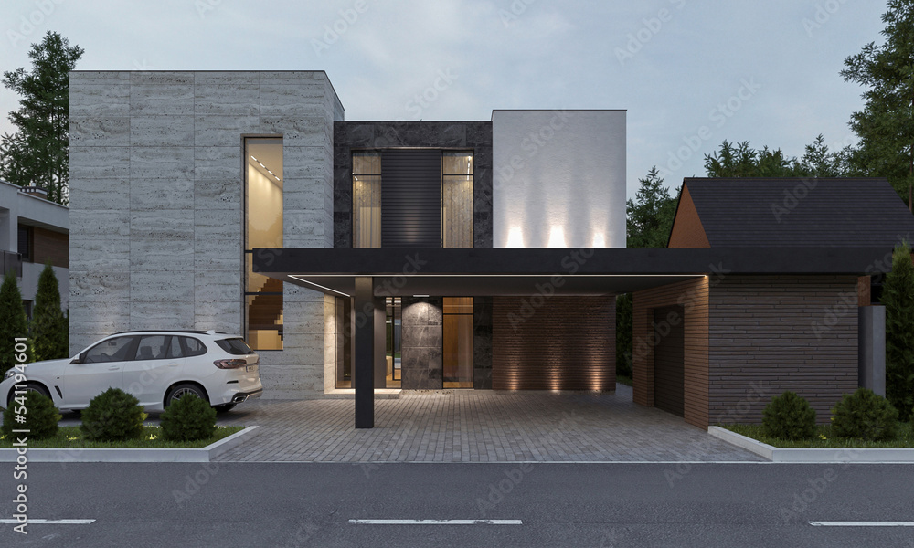 3D visualization of a modern house with a swimming pool and a large ...