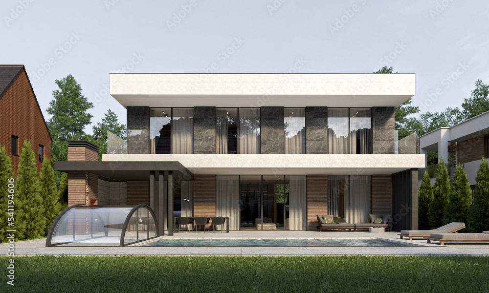 3D visualization of a modern house with a swimming pool and a large ...