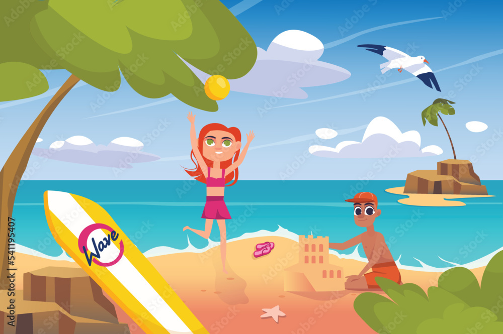 Cartoon Beach Scene With People