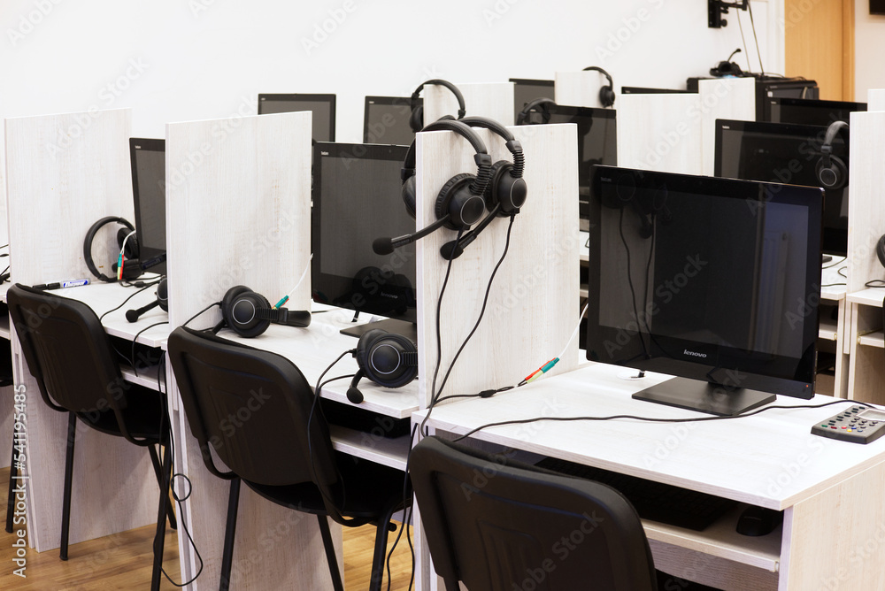 Lublin, Poland. 25 October 2022. Modern computer phonetic lab with ...