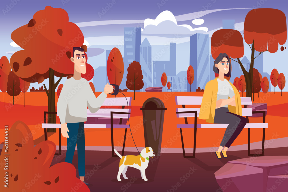 Autumn concept with people scene in the flat cartoon style. Man with a ...