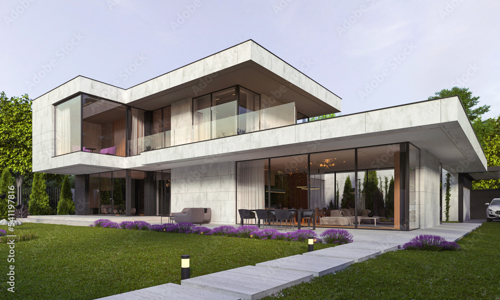 3D visualization of a modern villa with a courtyard, panoramic windows and a large terrace. flat ...