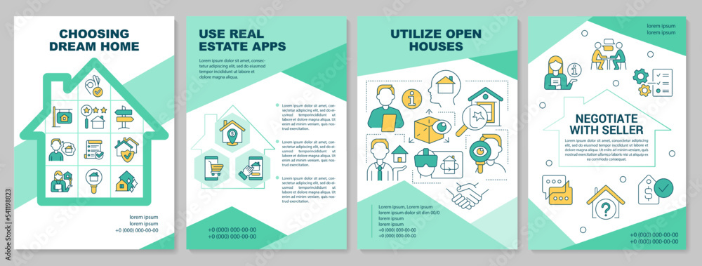 Choosing dream house brochure template. Home purchase tips. Leaflet design with linear icons ...