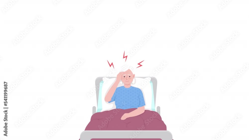 Animated elderly patient character. Female senior with acute headache ...