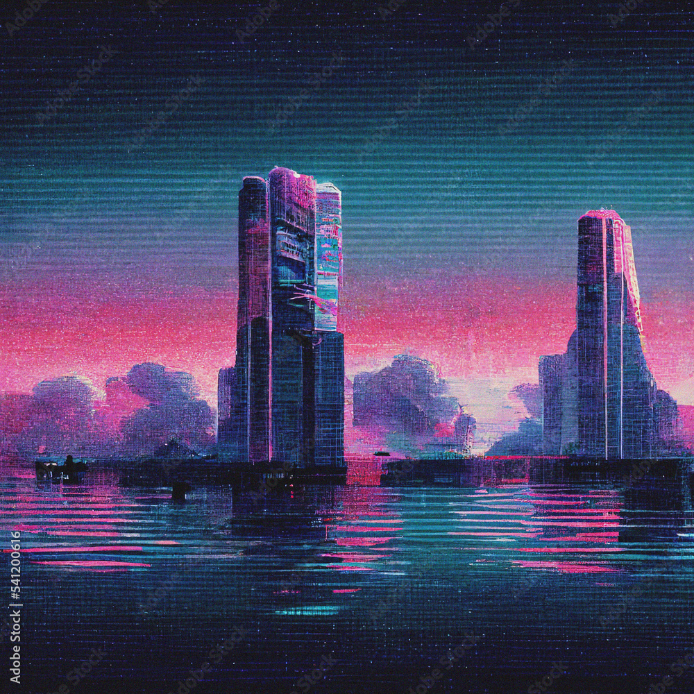Abstract Retro futuristic sci-fi synthwave landscape in space with ...