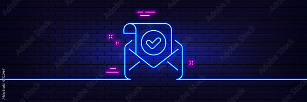 Neon light glow effect. Confirmed mail line icon. Approved email letter ...