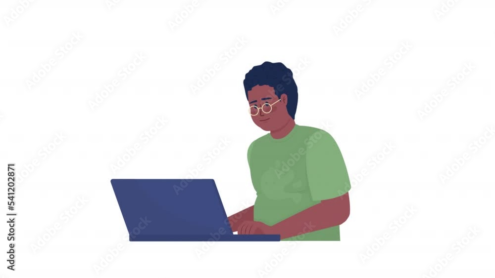 Animated studying boy character. Male teenager using laptop. Full body ...