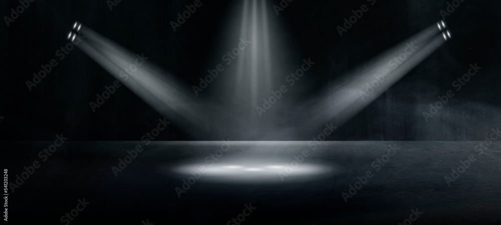 The dark stage shows, dark blue background, an empty dark scene, neon ...